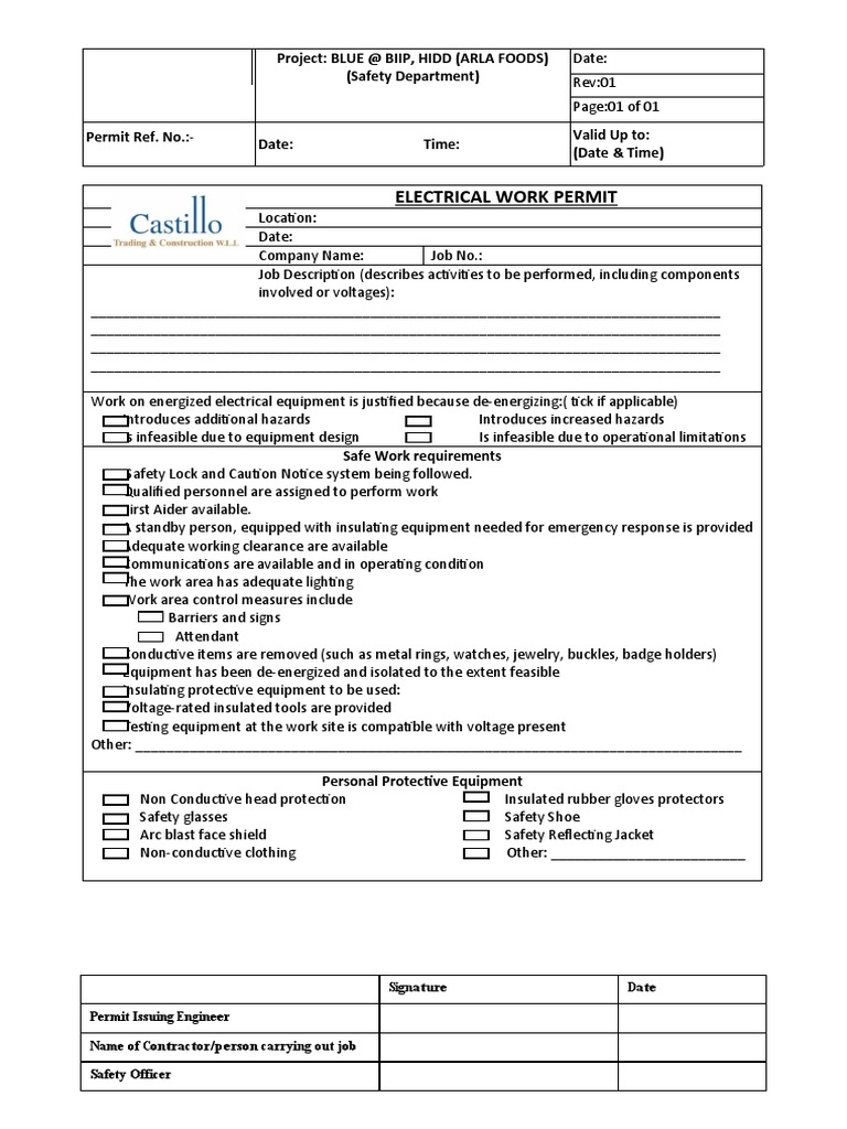 Electrical Work Permit: Signature Date Permit Issuing Engineer Name of ...