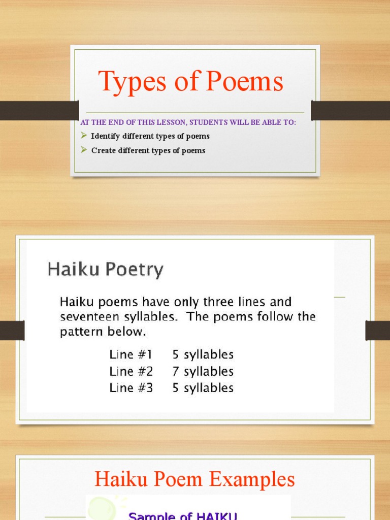 Identify Different Types of Poems Create Different Types of Poems | PDF