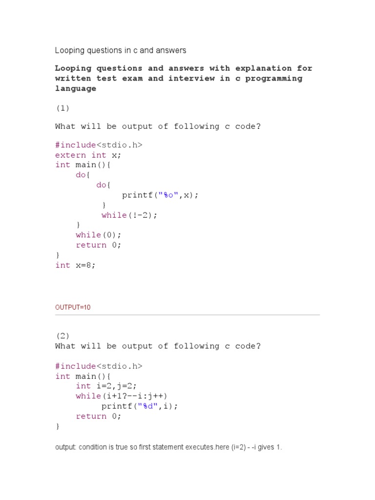 Looping Questions And Answers With Explanation For Written Test Exam And Interview In C