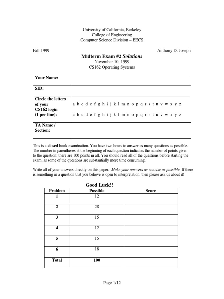 Midterm Exam #2 Solutions: Your Name: Sid: Circle The Letters of Your CS162 Login (1 Per Line ...