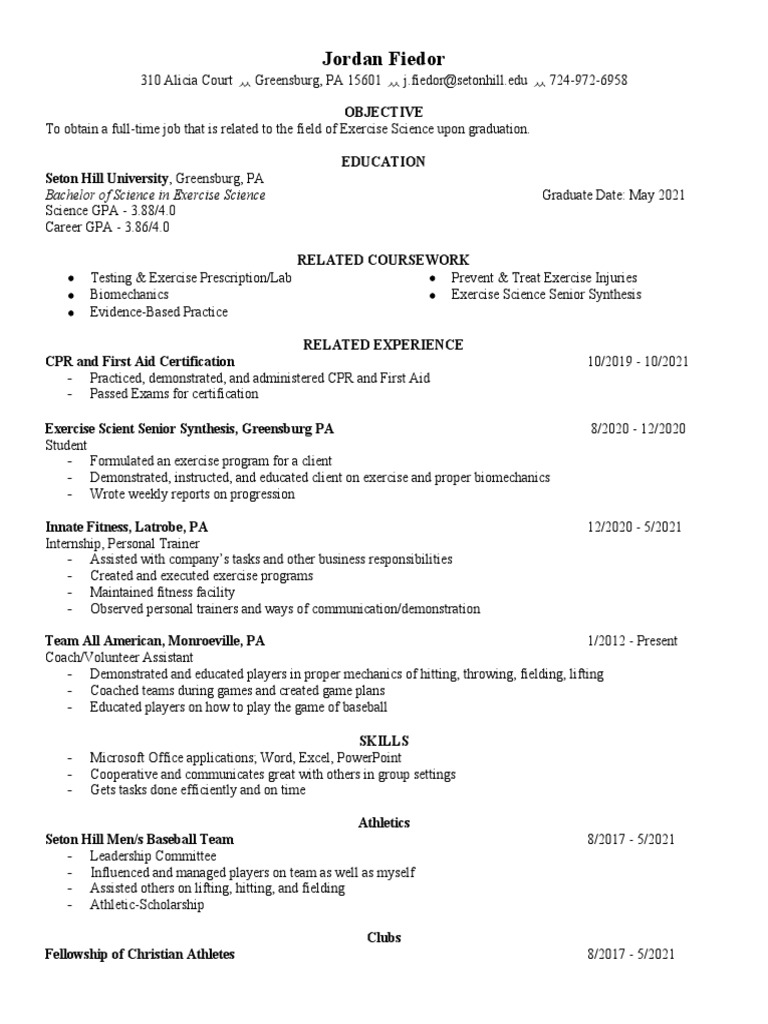Exercise Science Resume | PDF | Personal Trainer | Behavior Modification