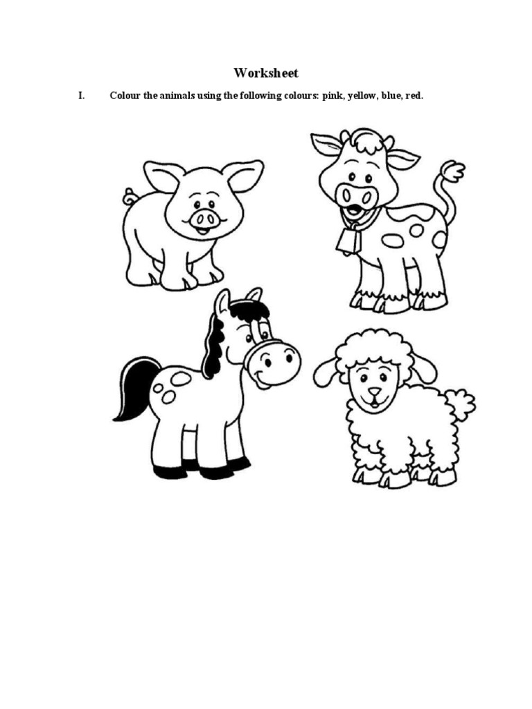 Worksheet: I. Colour The Animals Using The Following Colours: Pink ...
