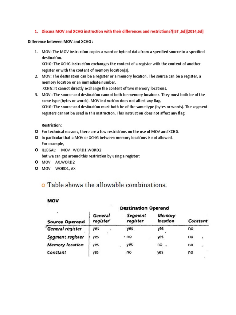 Differences between MOV and XCHG instructions | PDF | Assembly Language | Digital Electronics