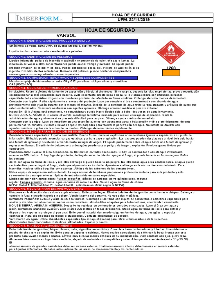 Hoja de Seguridad Del Varsol | PDF | Combustión | Toxicidad