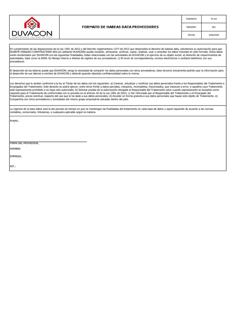 Formato de Habeas Data Proveedores | PDF | Información del gobierno ...