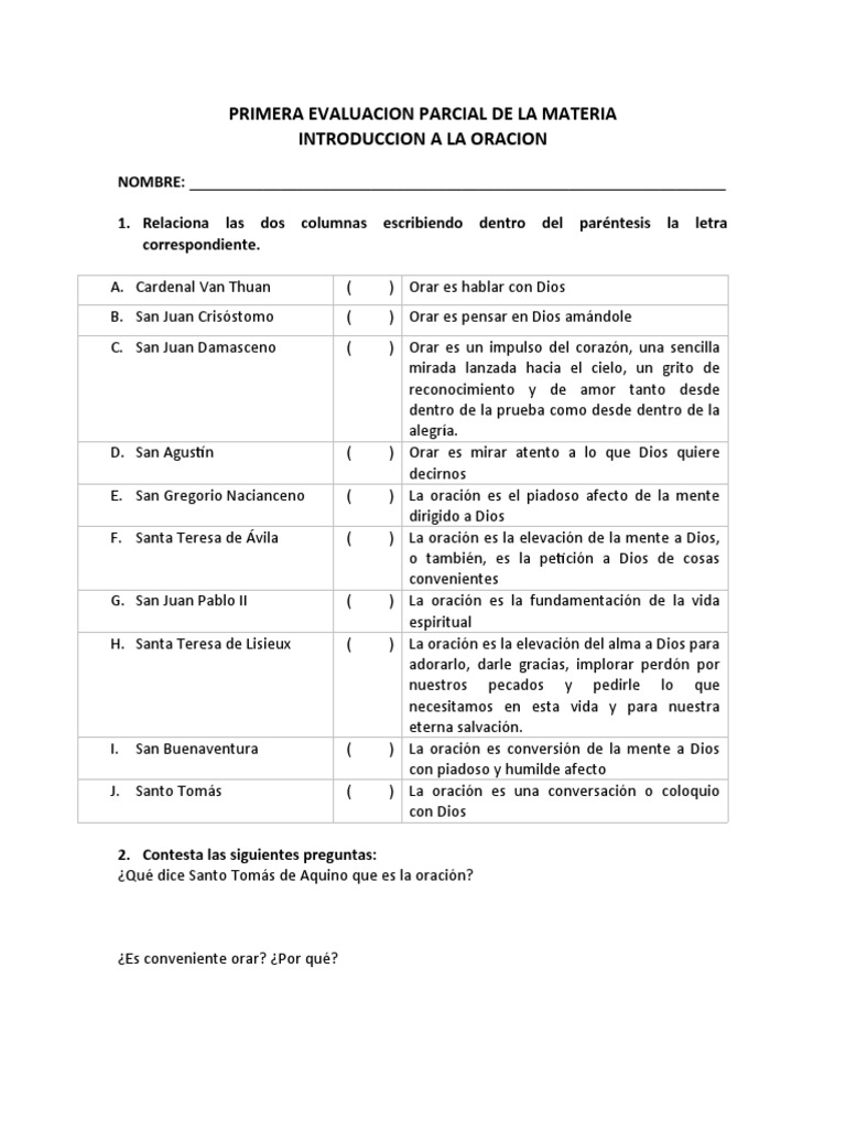 EVALUACION 1erPARCIAL DE INTRODUCCION A LA ORACION | PDF | Oración | Dios EVALUACION 1erPARCIAL DE INTRODUCCION A LA ORACION | PDF | Oración | Dios