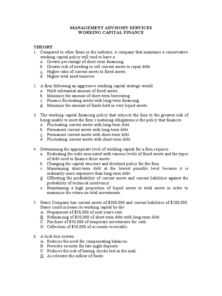 Management Advisory Services | PDF | Working Capital | Debt