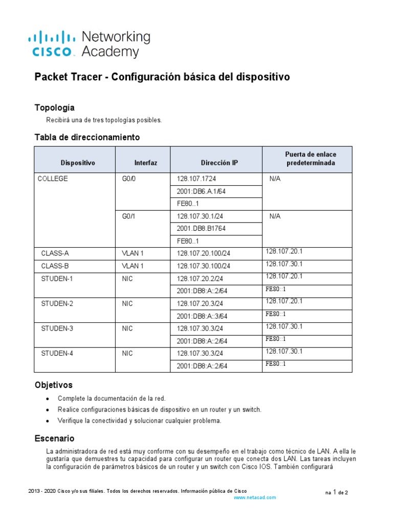 10.4.3 Packet Tracer - Basic Device Configuration - Es XL | PDF | Yo ...