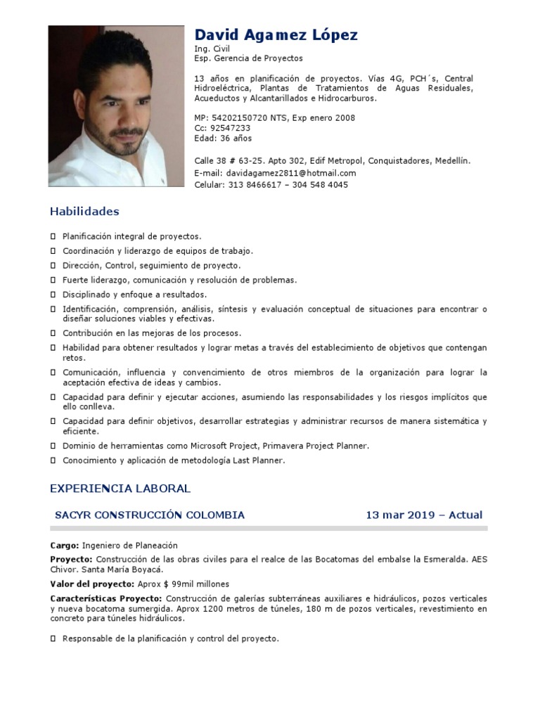 HV David Agamez Lopez Oct 2020 | PDF | Planificación | Ingeniero civil