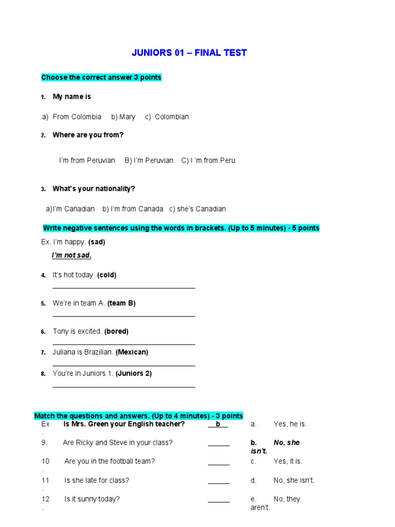 Juniors Final Test | PDF