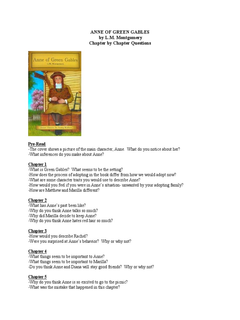 Anne of Green Gables by L.M. Montgomery Chapter by Chapter Questions ...
