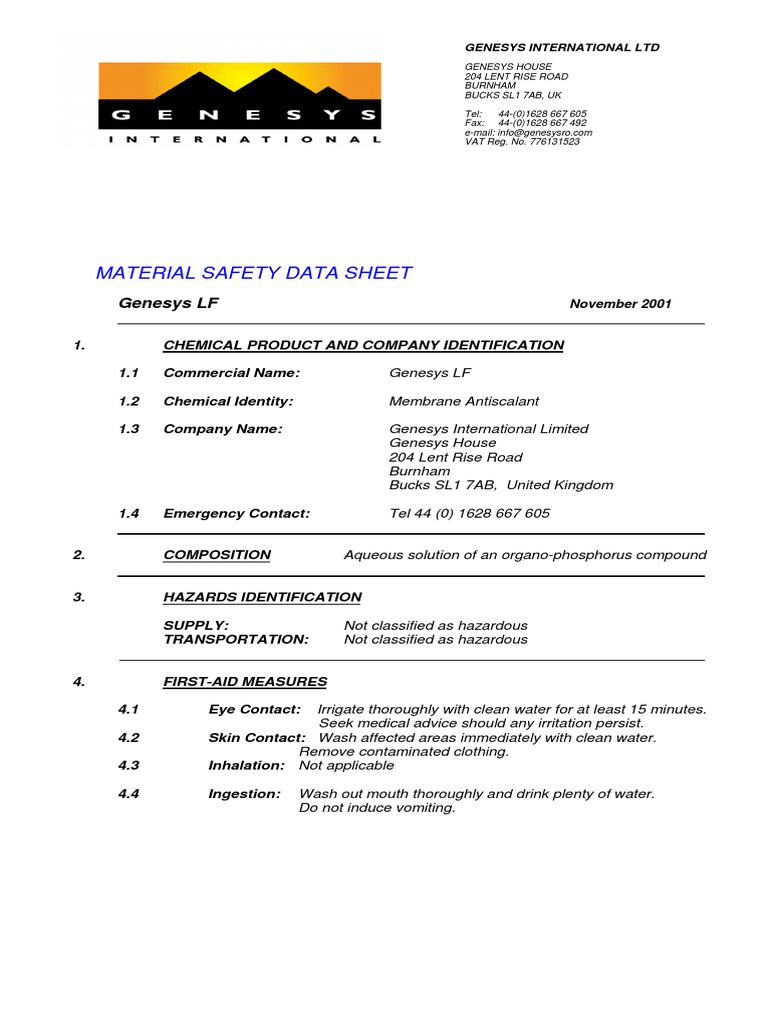Material Safety Data Sheet: Genesys LF | Download Free PDF ...