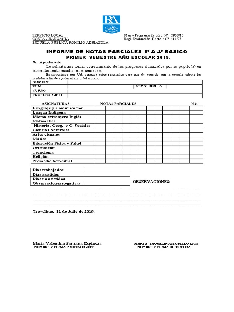 Informe de Notas 1° A 4° | PDF