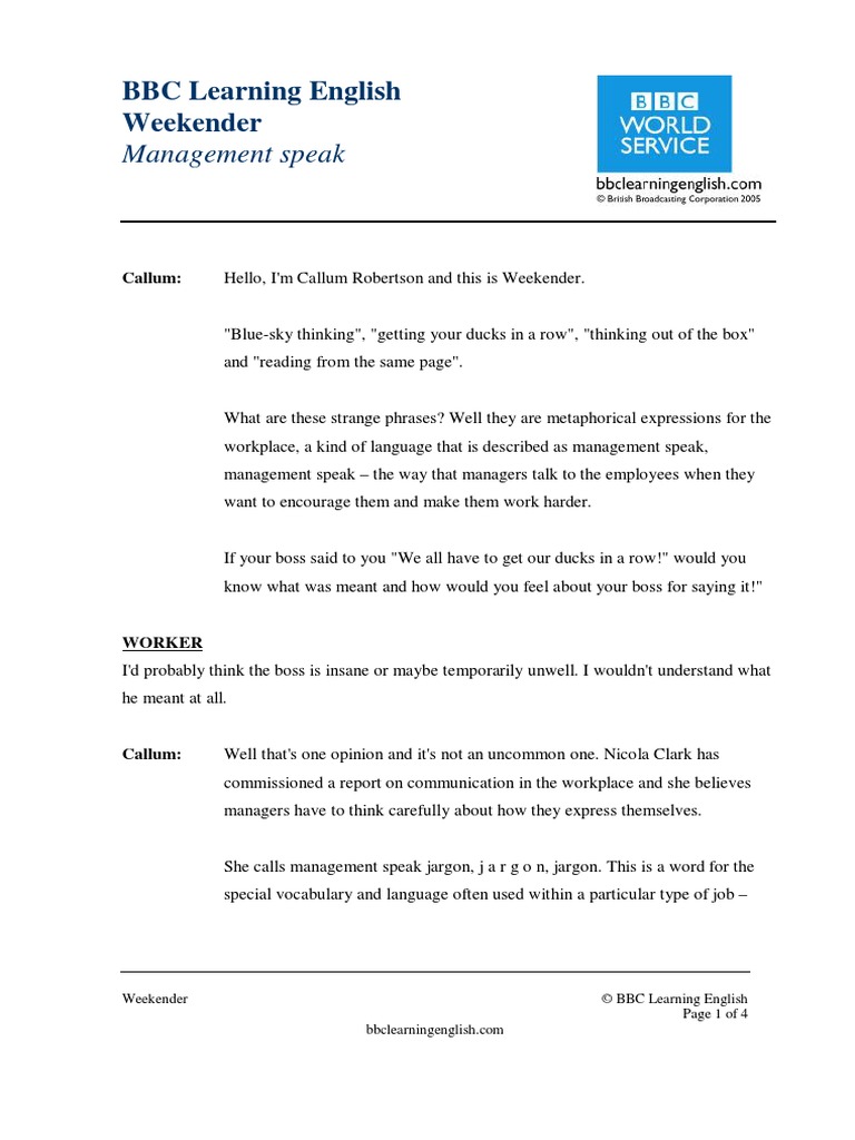 Management Speak: BBC Learning English Weekender | PDF | Jargon | Semiotics