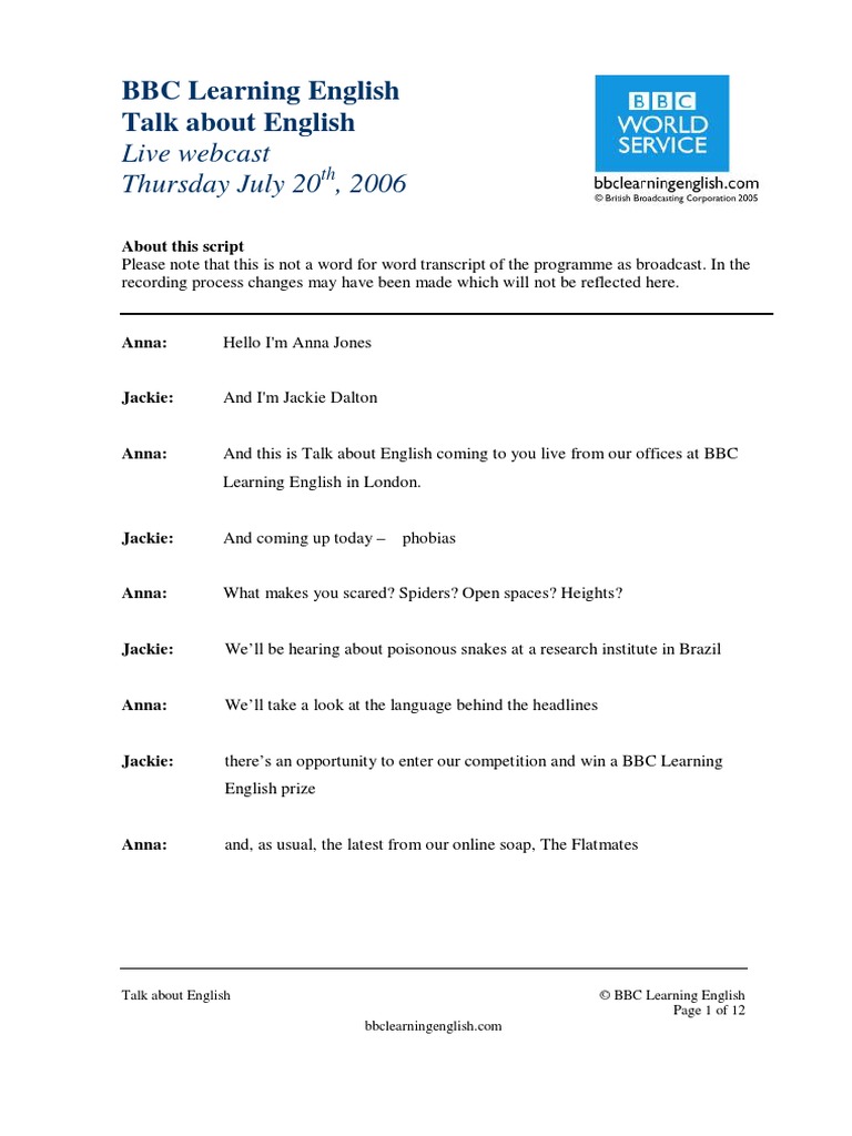 Tae WC 060720 Script PDF | PDF | Poison | Phobia