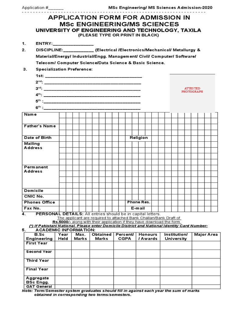 Application Form For Admission in MSC Engineering/Ms Sciences | PDF ...