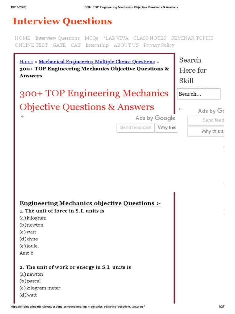 300+ TOP Engineering Mechanics Objective Questions & Answers | Download Free PDF | Friction | Lever