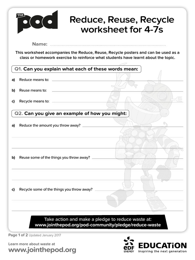 Reduce, Reuse, Recycle Worksheet For 4-7s: Name | PDF
