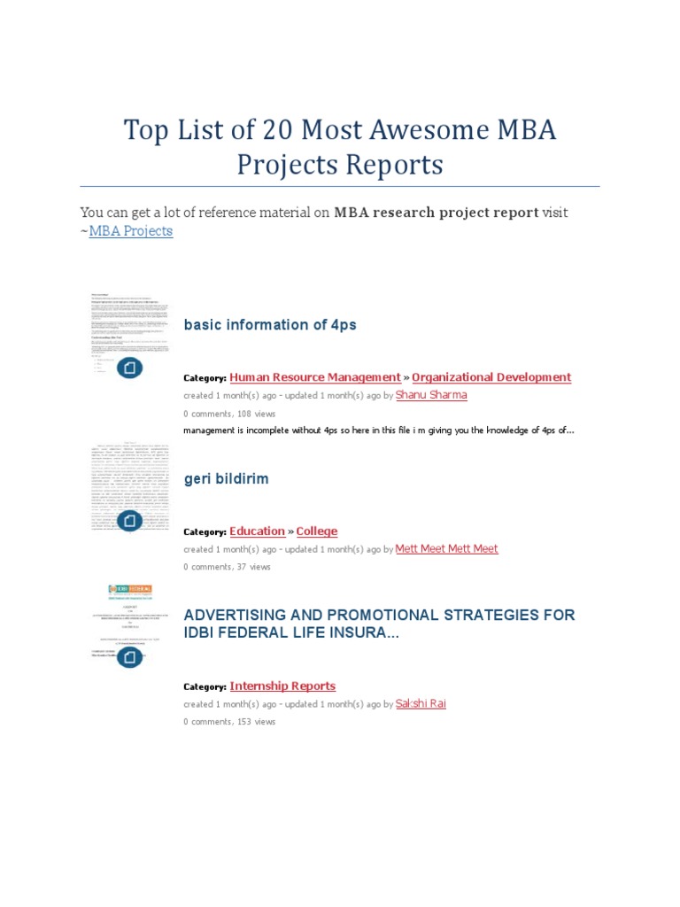 Top List of 20 Most Awesome MBA Projects Reports: Basic Information of ...
