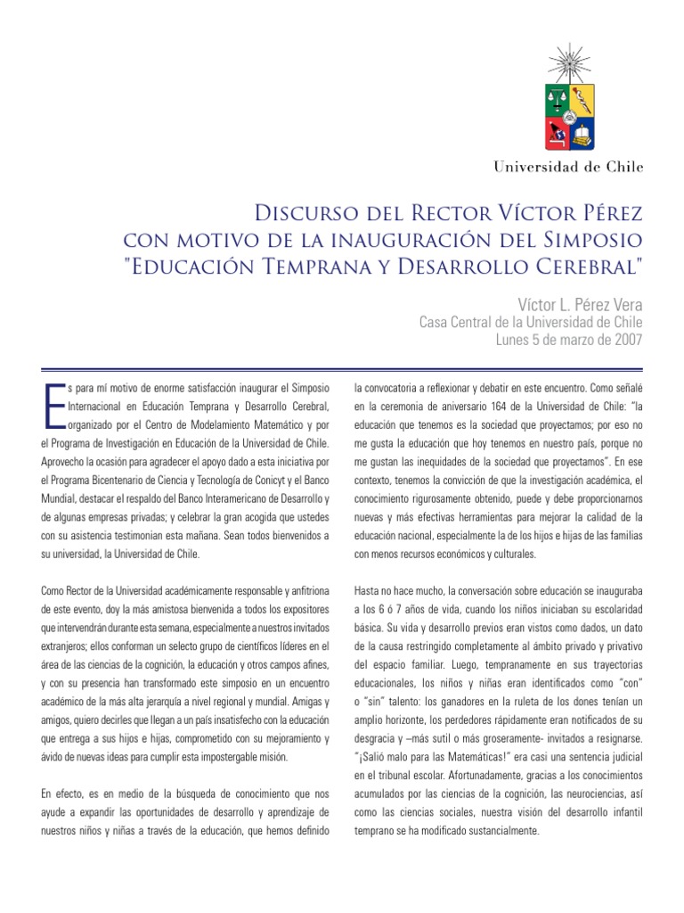 Discurso de Inauguracion Simposio Educacion Temprana y Desarrollo Descargar PDF | PDF ...