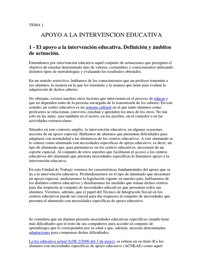 Apoyo A La Intervencion Educativa Tema 1 PDF | PDF | Educación especial | Plan de estudios