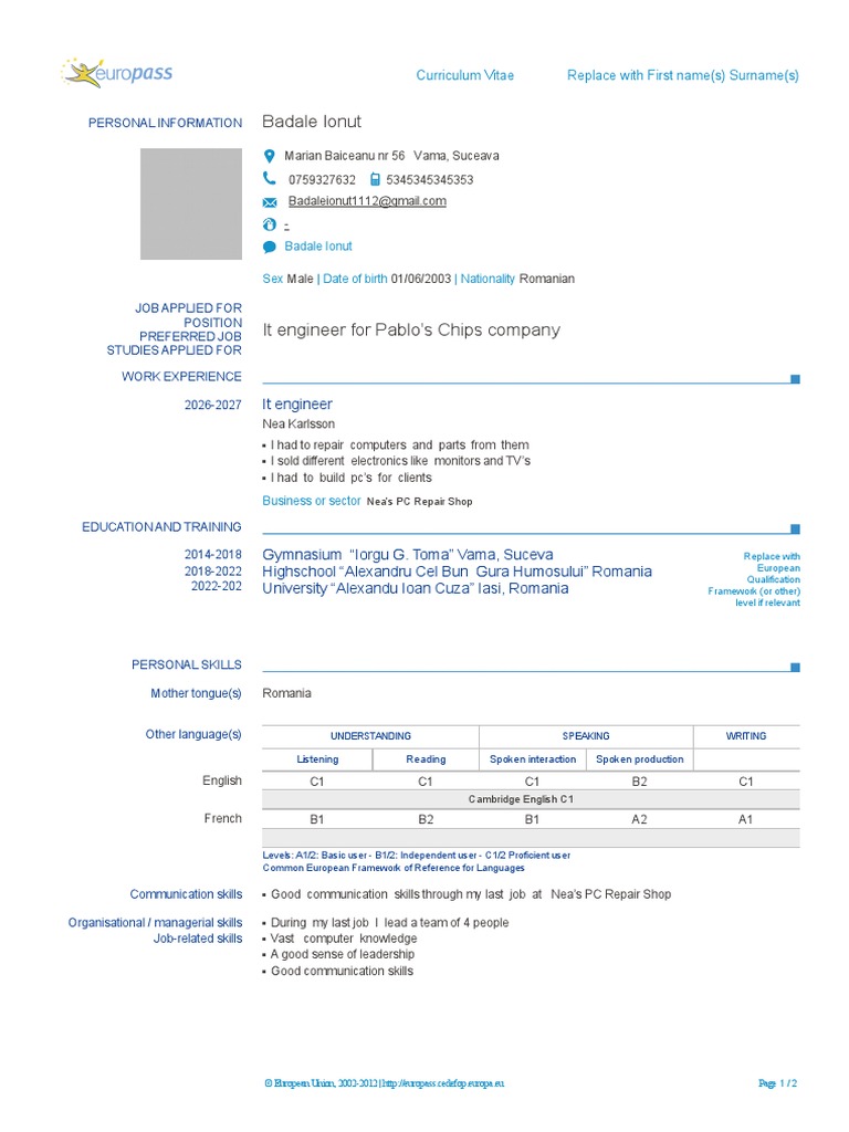 Europass CV Template | PDF | Learning | Cognition
