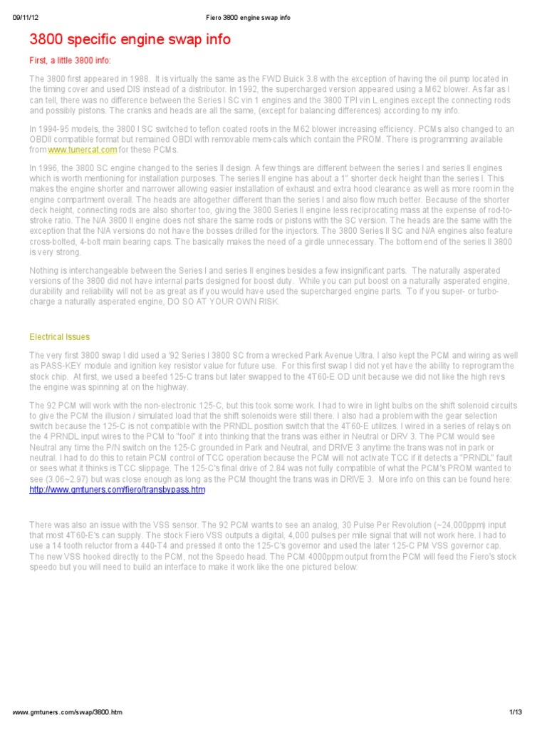 Fiero 3800 Engine Swap Guide | PDF | Propulsion | Vehicle Technology