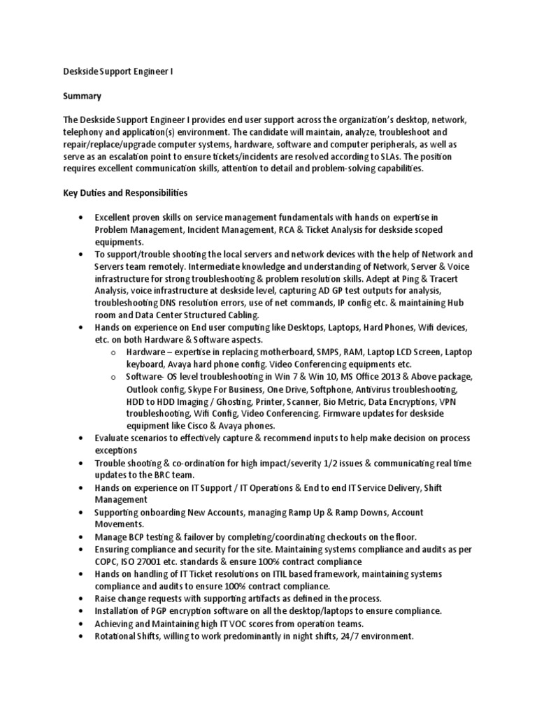 Deskside Support Engineer I | PDF | Computer Network | Laptop
