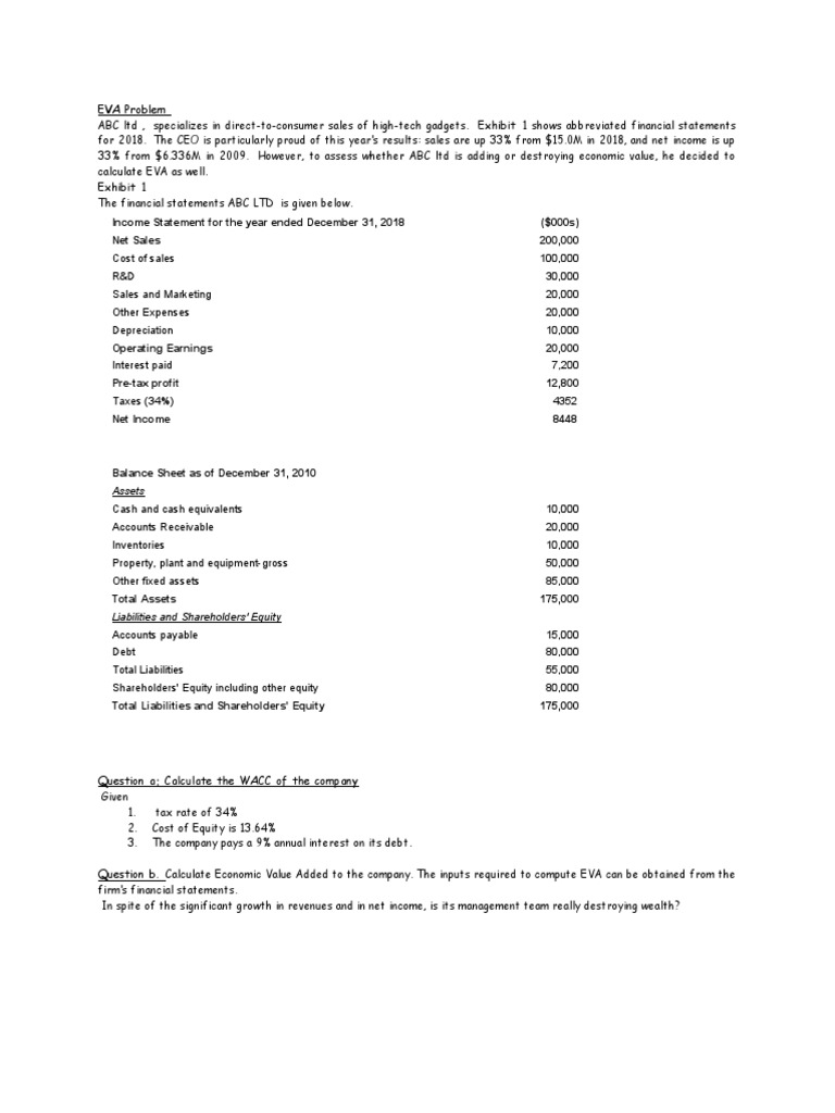 EVA Problem | PDF | Net Income | Equity (Finance)