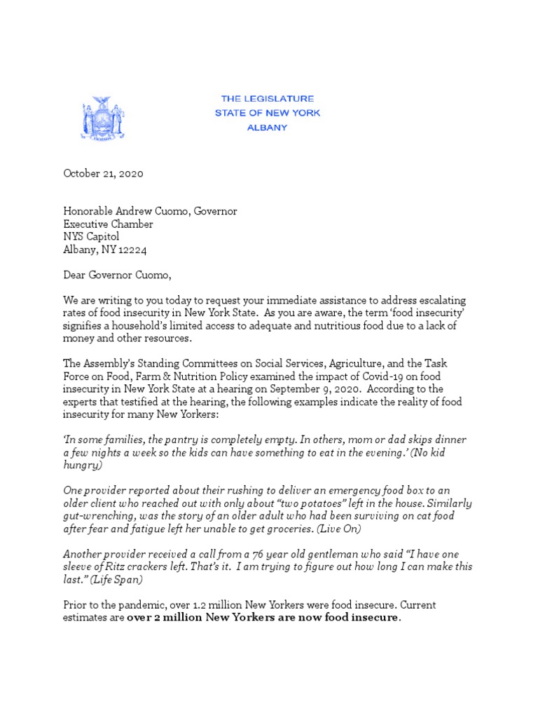 FINAL Food Insecurity Letter To Governor Oct 2020 | PDF | Food Bank ...