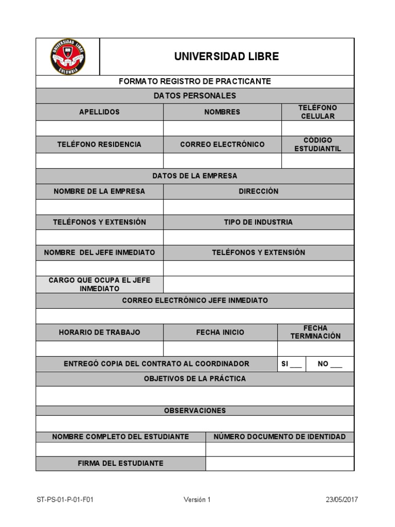01 Formato Registro Practicante ST-PS-01-P-01-F01 | PDF