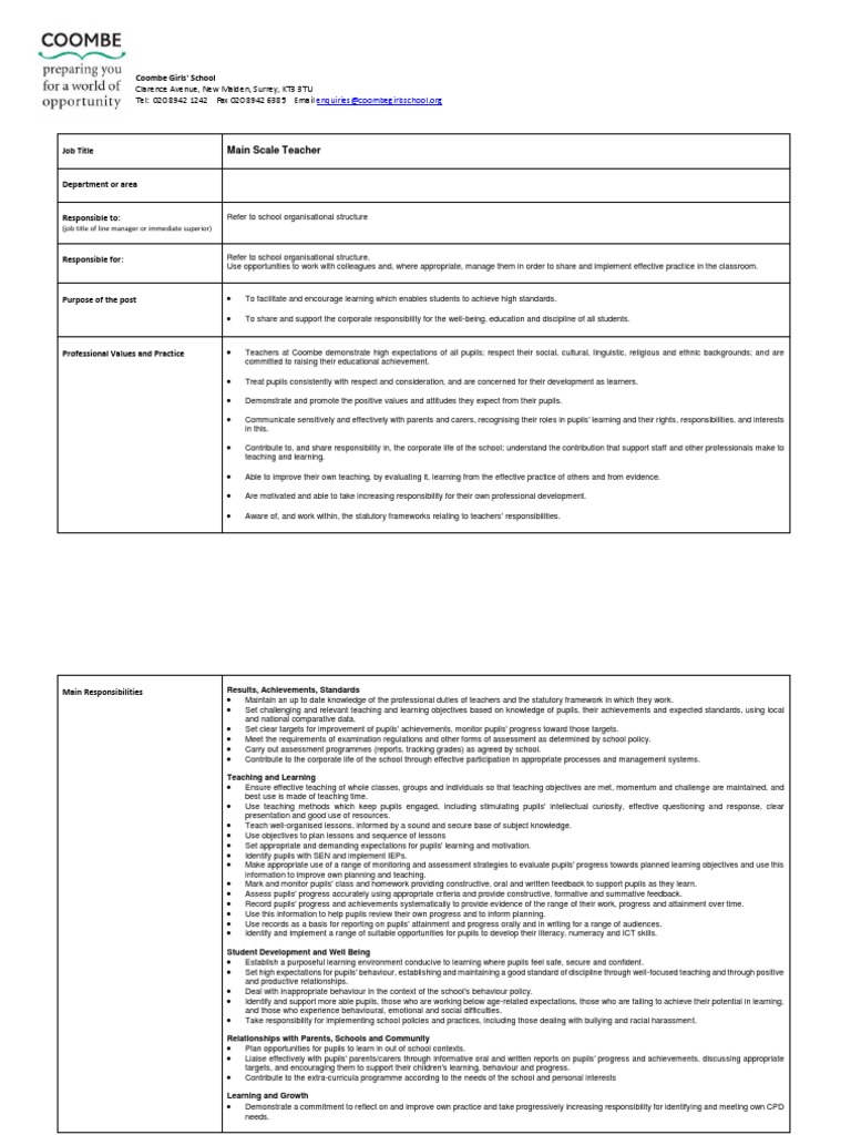 Main Scale Teacher Job Description | PDF | Educational Assessment ...