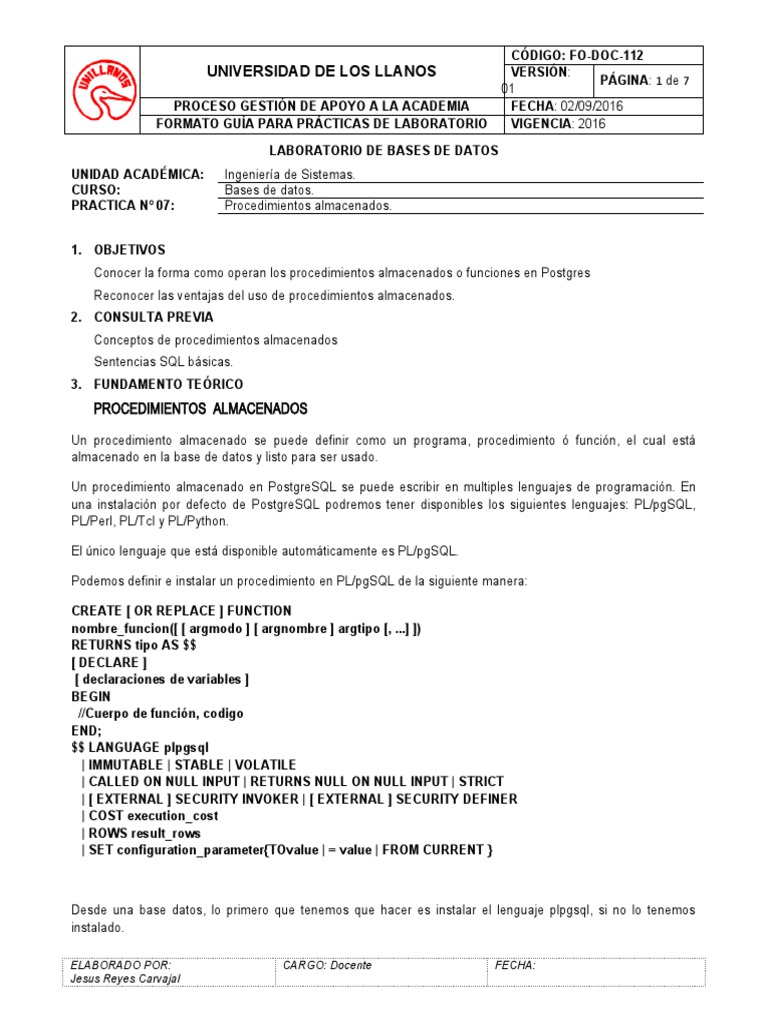 Lab11-Procedimientos Almacenados | PDF | Lenguaje de programación | Postgre Sql