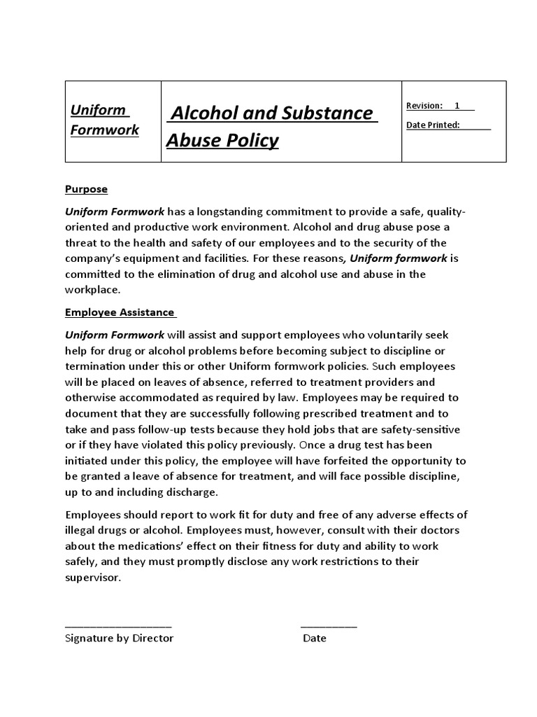 Alcohol and Substance Abuse Policy: Uniform Formwork | PDF