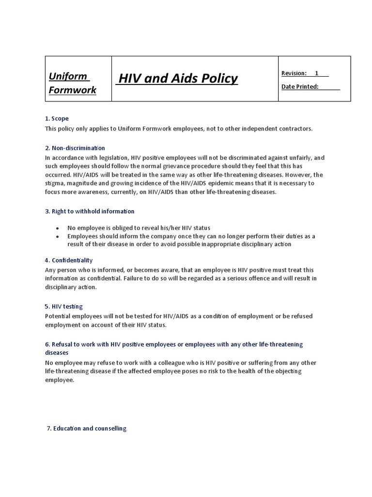 HIV and Aids Policy: Uniform Formwork | PDF