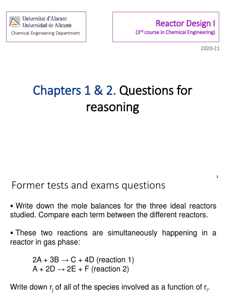 Chapters 1 & 2.: Questions For Reasoning | PDF | Chemical Reactor ...