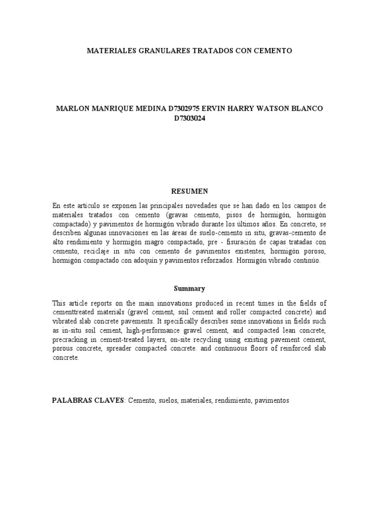 Materiales Granulares Tratados Con Cemento Documento Final Ervin Watson ...