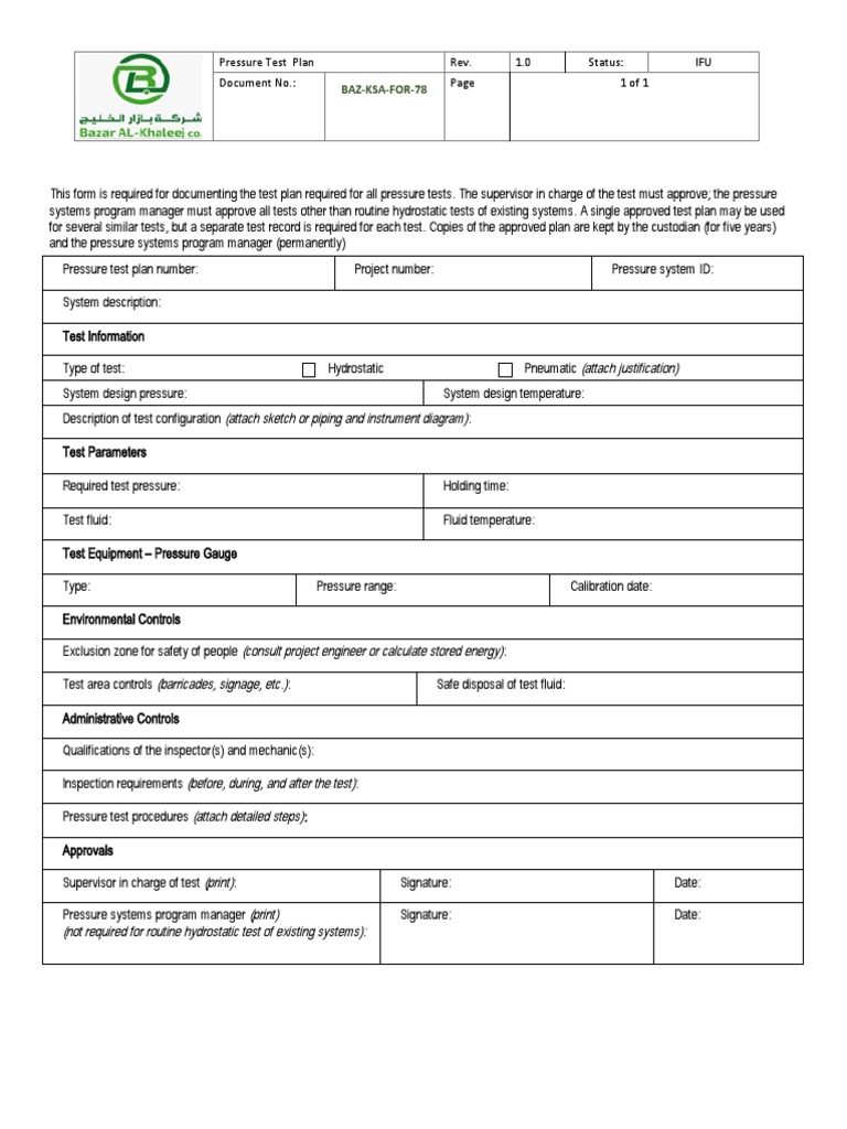 Pressure Test Plan Rev. 1.0 Status: IFU Document No.: 1 of 1 | PDF ...