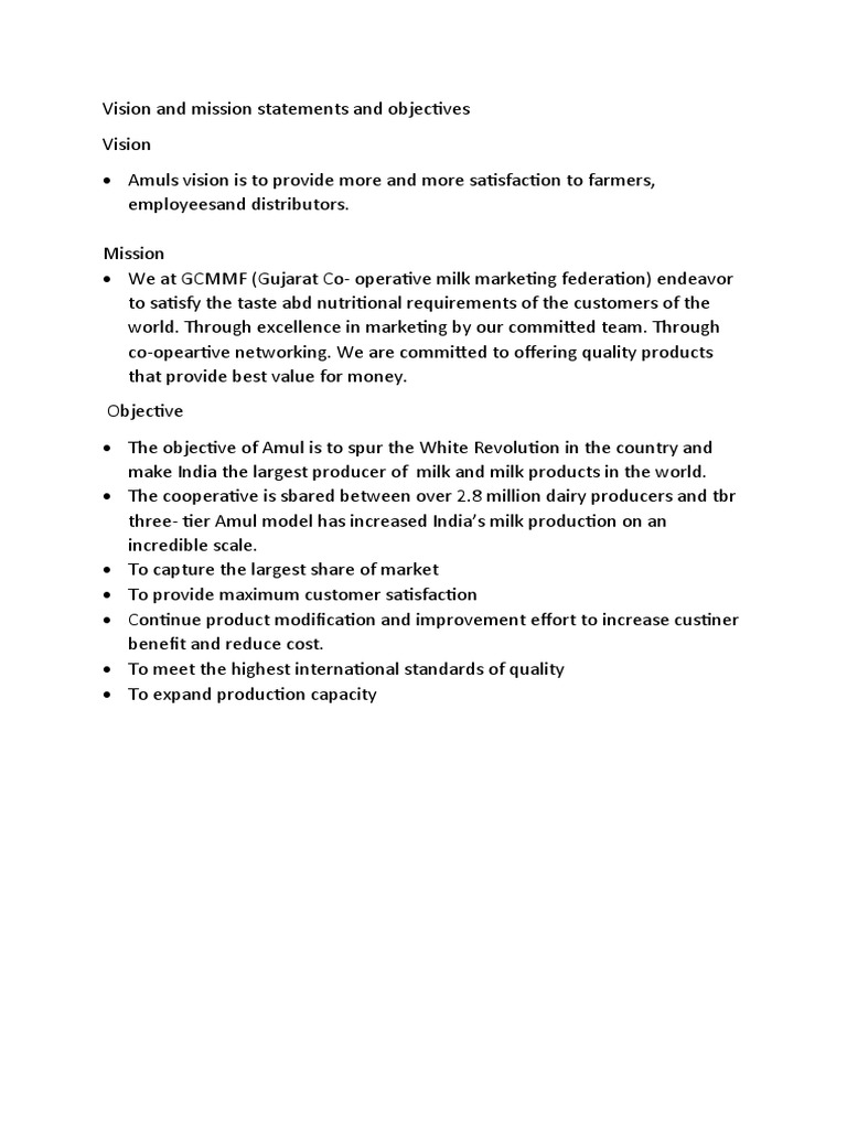 Amul's vision, mission, objectives and products | PDF | Brand ...