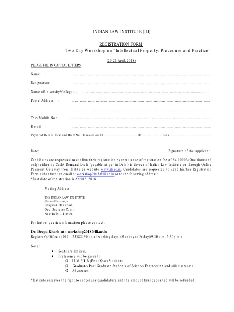 Indian Law Institute (Ili) : Registration Form | PDF