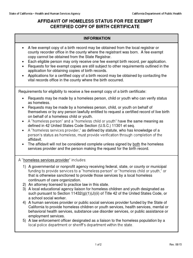 Homeless Affidavit for Birth Certificate | PDF | Birth Certificate ...