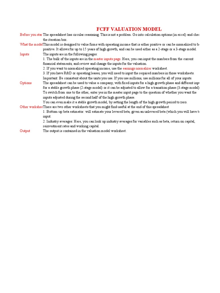FCFF Valuation Model: Before You Star What The Model Inputs Master ...