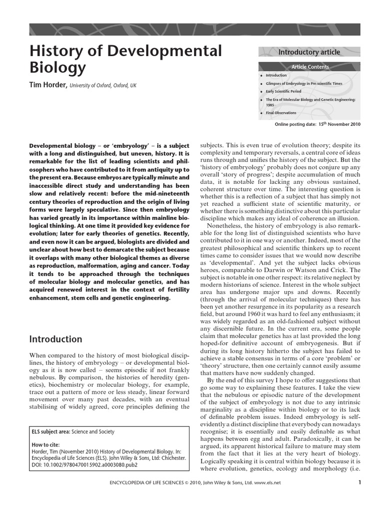 History of Developmental Biology: Introductory Article | PDF | Biology ...