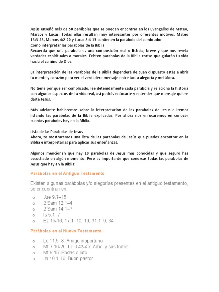 Cuántas parábolas hay en la Biblia | PDF | Parábola | Parábolas de Jesús