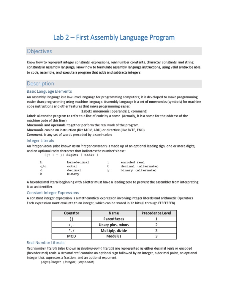 Lab 02 - First Assembly Language Program | PDF | Assembly Language ...