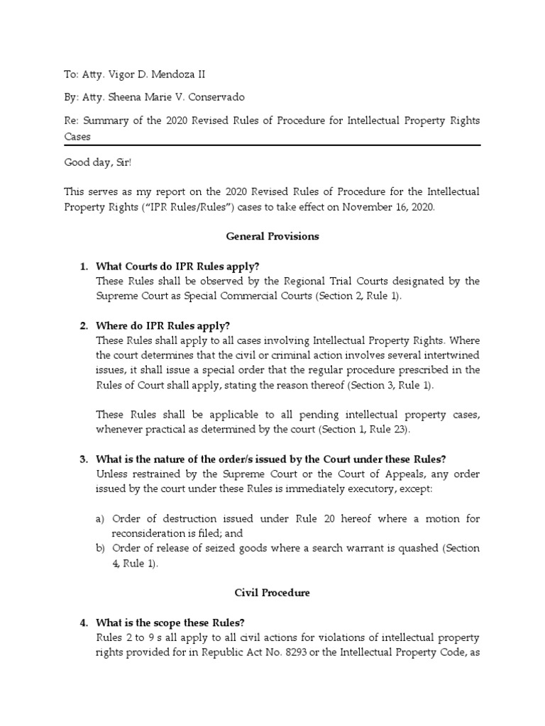 2020 IPR Rules Summary for Courts | PDF | Discovery (Law) | Complaint