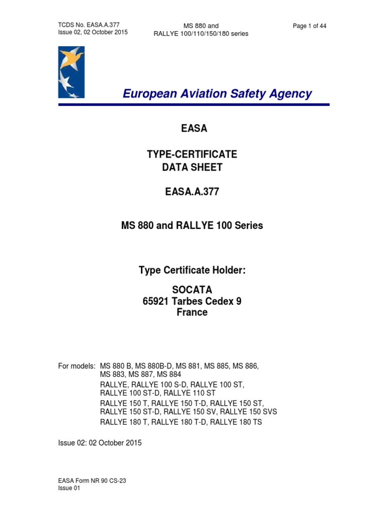 EASA Type Certificate for MS 880 & Rallye Series | PDF | Airspeed ...