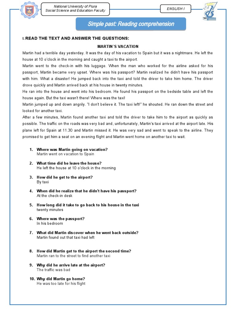 Simple Past: Reading Comprehension: I. Read The Text and Answer The ...
