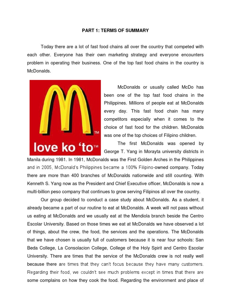 Case Study of Mcdo | PDF | Fast Food Restaurants | Mc Donald's