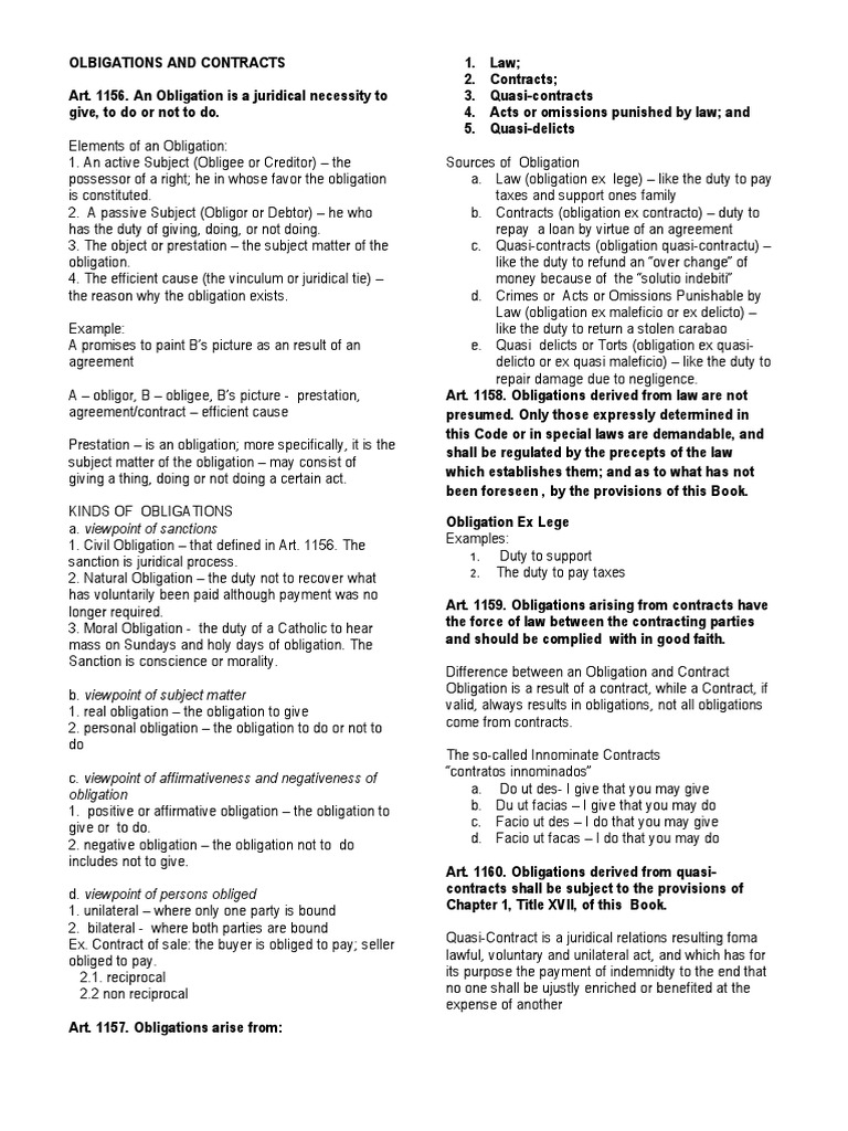 Obligation and Contrcacts Summary | PDF | Law Of Obligations | Guarantee